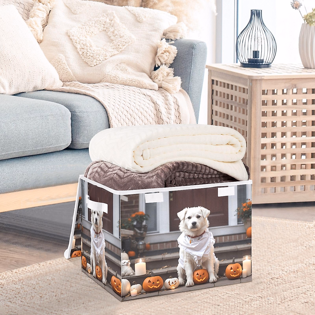 YMGQYJ Halloween Dog Storage Cube with Lid Collapsible Large Capacity Foldable Storage Basket Bin Organizer 16.5×12.6×11.8 inches
