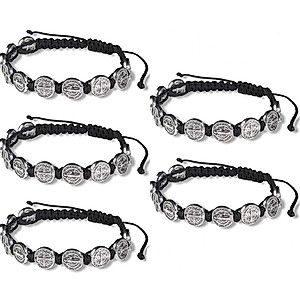 CB Silver Tone Saint Benedict Medal on Adjustable Black Cord Wrist Bracelet, 8 Inch, Pack of 5