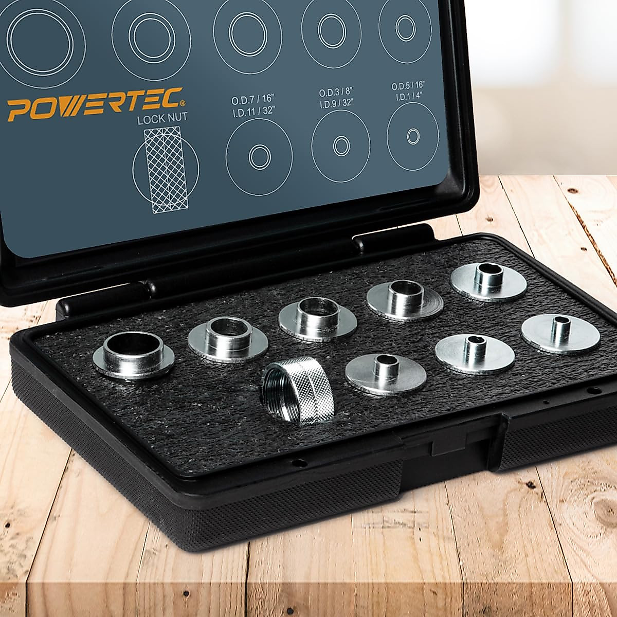 POWERTEC Dia 6-1/2" Router Base Plate & 10Pcs 5/16 to 1" Short Shank Router Template Bushing Guide Sets & Centering Pin. Fits Porter Cable, Craftsman, DeWalt, Bosch, Milwaukee Router Sub Bases (71778)