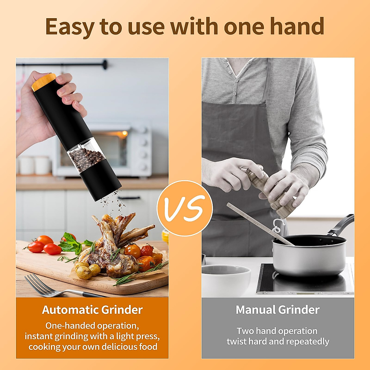 Electric Salt and Pepper Grinder Set of 2, Automatic Operation Salt Pepper Mill Sets with Adjustable Coarseness, Battery Powered, LED light, One Hand Operation-Black