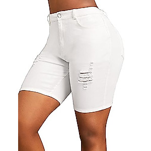 Jdkmera Women's Ripped Denim Shorts High Waisted Folded Hem Summer Casual Stretchy Short Jeans