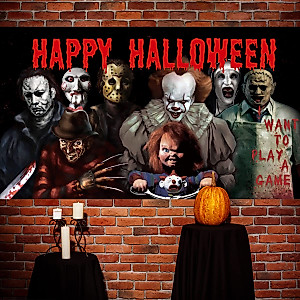 Horror Classic Movie Character Backdrop Banner, 78 × 43inch Halloween Party Background Large Backdrops Chainsaw Clown Supplies for Indoor Outdoor Photo Booth Props