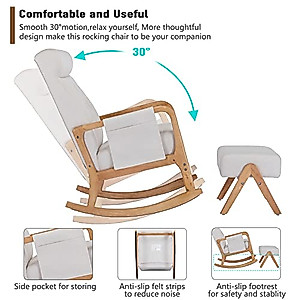 Neylory Rocking Chair Nursery, Mid-Century Modern Upholstered Fabric Rocking Chairs with Ottoman, Nursery Glider with Thick Padded Cushion, High Backrest Glider Rocker for Living Room (Beige)