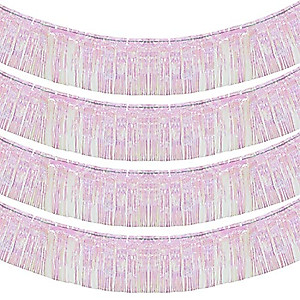 Blukey 10 Feet by 15 Inch Iridescent White Foil Fringe Garland - Pack of 4 | Metallic Tinsel Banner | Ideal for Parade Floats, Bridal Shower, Wedding, Birthday, Christmas | Wall Hanging Drapes