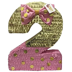 APINATA4U 20" Tall Pink & Gold Number Two Pinata with Bow - Perfect for Second Birthday Party Celebrations - Stunning Pink & Gold Decor, Ideal 2nd Birthday Supplies!