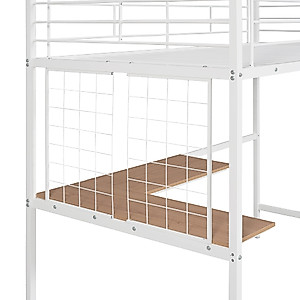 GINGVAT Twin Metal Bunk L-Shaped Desk Ladder and Safety Guardrails,Loft-Bed for Bedroom Kids Teens Adults, No Box Spring Required, White