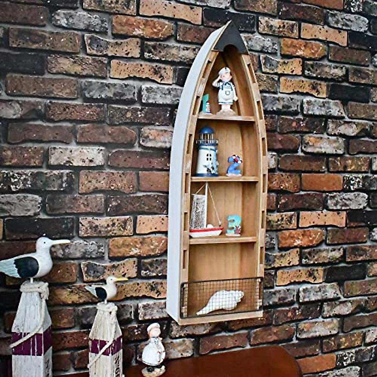 Veclotch Wooden Boat Decor with Shelf Hanging Wood Decoration for Wall, Rustic Nautical Standing Beach Theme Book Display Canoe Bathroom Bedroom Lake House