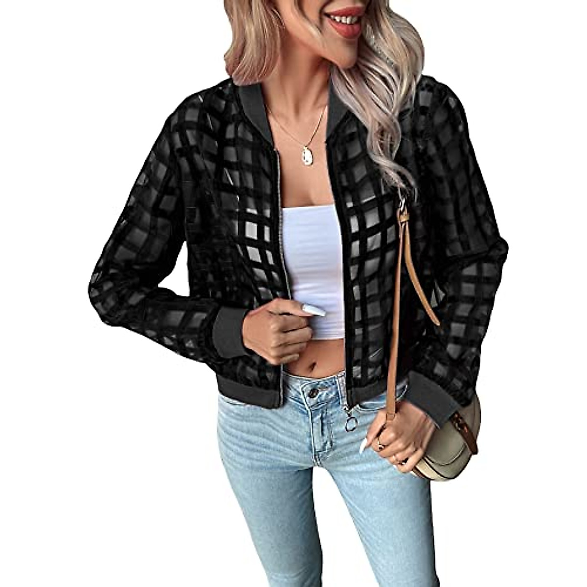 Floerns Women's Hollow Out Long Sleeve Baseball Collar Zip Up Bomber Jacket Black Plaid L