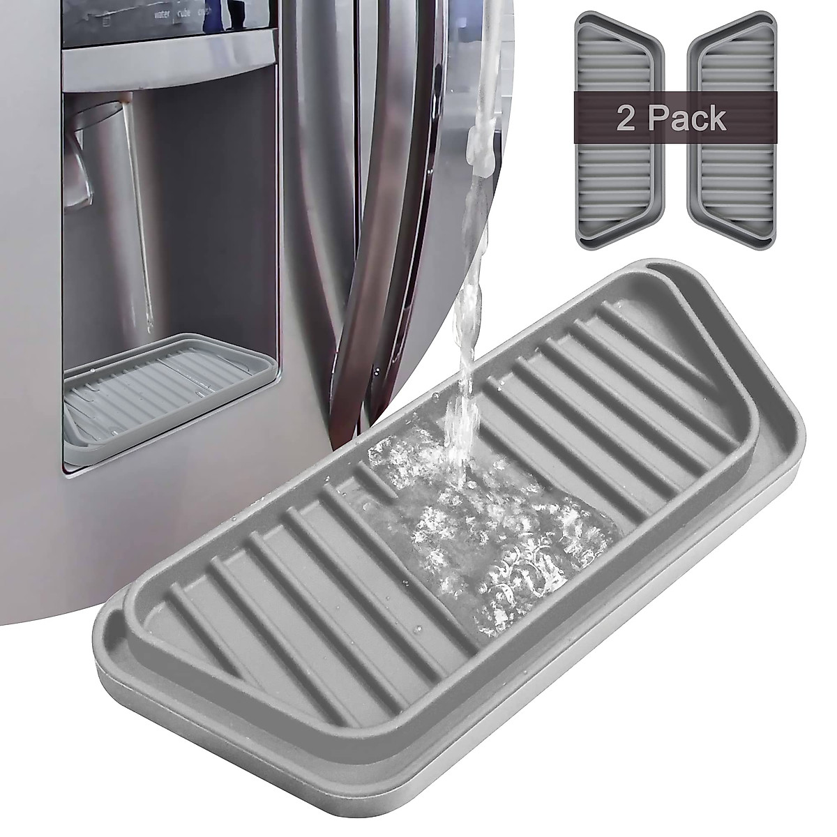 KindGa Refrigerator Drip Catcher Tray,Protector Ice and Water Dispenser Pan,Fridge Spills Water Pad Catch Basin for Drainage 2 Pack (Rectangular,Grey)