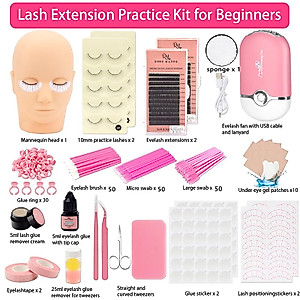 Rose Manor Lash Eyelash Extension Kit, Lash Kit for Eyelash Extension Beginners, with Mannequin Head, Individual Lash Glue, Eyelash Remover, Fan, Lash Extension Supplies Tools for Practice Training