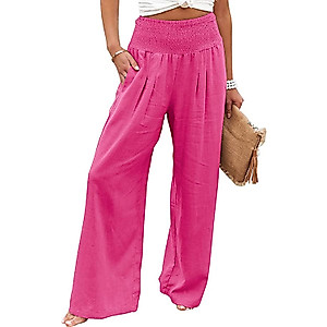 Vansha Women Summer High Waisted Cotton Linen Palazzo Pants Wide Leg Long Lounge Pant Trousers with Pocket Hot Pink M