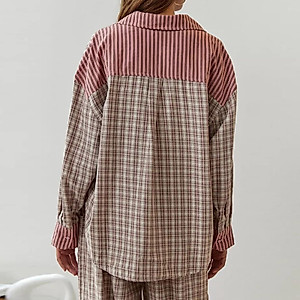 Womens Pajama Sets Spliced Pajama Top & Plaid Pajama Pants Long Sleeve Button Down Sleepwear Two-Piece Pj Set with Pockets Soft Plus Size Matching Christmas Pajamas Cotton Lounge Sets Nightwear