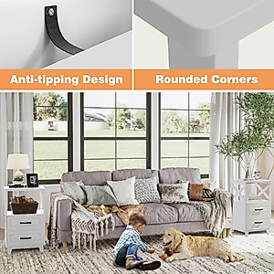 RoyalCraft Tall Nightstand Set of 2, Side Table with 2 Drawers and Open Shelf, Bedside Table with Solid Feet, Modern Night Stand End Table for Bedroom, Home Office, White