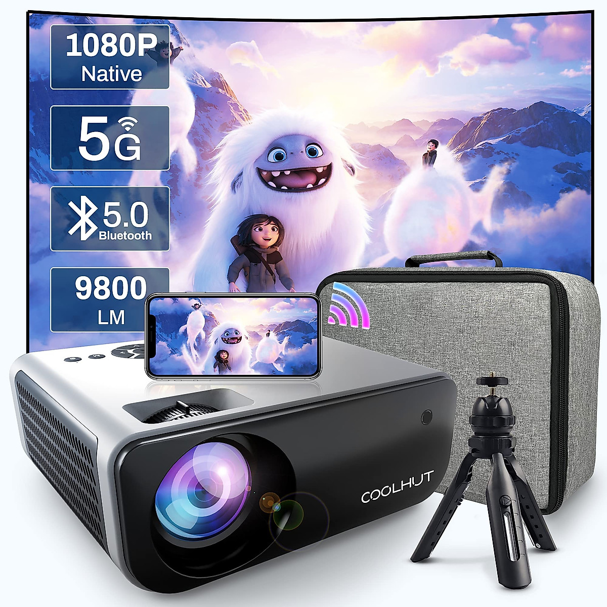 Outdoor Projector with WiFi and Bluetooth, FINATI·CoolHut 5G WiFi Native 1080P HD Home Movie Theater Projector with Carry Bag & Tripod, Wireless Mini Portable Projector for VGA,HDMI,USB,AV(Black)