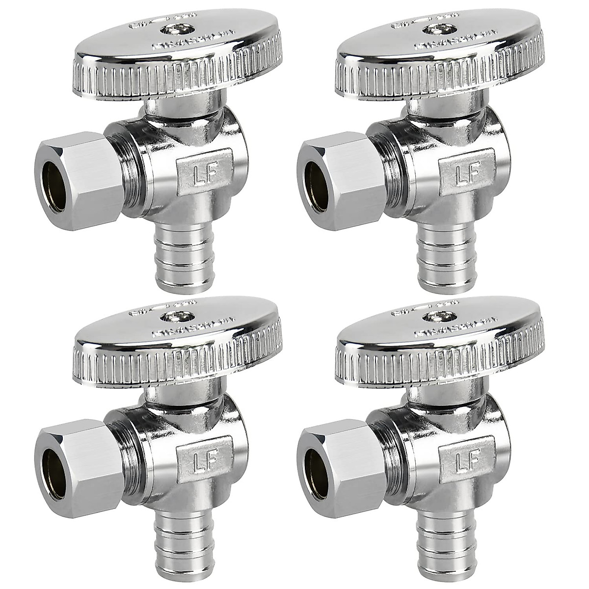 4 Pack Stop Valves, 1/4 Turn Angle Stop Valves, 3/8" OD Compression × 1/2" PEX Chrome Plated Brass for Faucet, Toilet Valves (4×Angle)