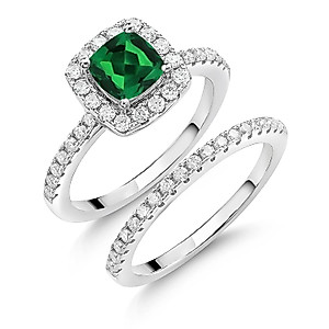 Gem Stone King 925 Sterling Silver Cushion Green Nano Emerald and White Moissanite Wedding Engagement Ring Band Bridal Set For Women (1.52 Cttw, Available In Size 5, 6, 7, 8, 9)