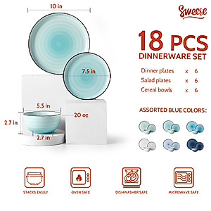 Sweese Plates and Bowls Sets, 18 Piece Dinnerware Set Porcelain Round Dinner Set for 6, Scratch Resistant Dishes Set, Dishwasher and Oven Microwave Safe Handpainted Swirl Dishware Sets, Assorted Blue