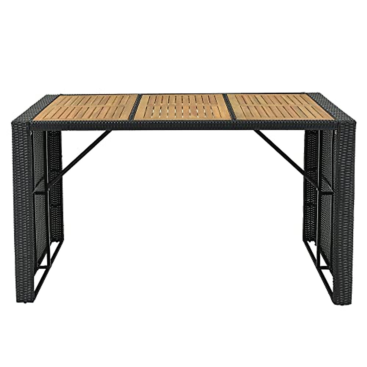 RUNNA 7-Piece Outdoor Patio Dining Set,PE Wicker Bar Furniture Set with Acacia Wood Tabletop and 6 Dining Chairs for Backyard, Garden