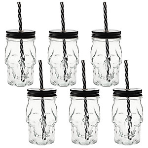 TOPZEA 6 Pack Mason Jars Mugs, 16 oz Glass Skull Mason Drinking Mugs Tumbler Cup with Straws Old Fashioned Jar Drinking Glasses Heavy Base for Beverage, Brandy, Liquor, Jello