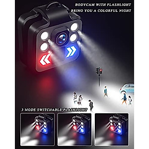 Body Camera 1080P Mini Outdoor Sports Security Wireless Wearable Video Recorder, 3 LED Modes Flashlight HeadLamp Waterproof Cam, Built-in 64GB Memory Card, Suit to Child Pet Cop Home All Day Record