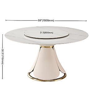 Voohek, Beige 9-Piece Modern Dining Room Set, with 8 Upholstered Chairs, Sintered Stone Table w/Round Turntable and Metal Exquisite Pedestal, Family Furniture for Home, Kitchen