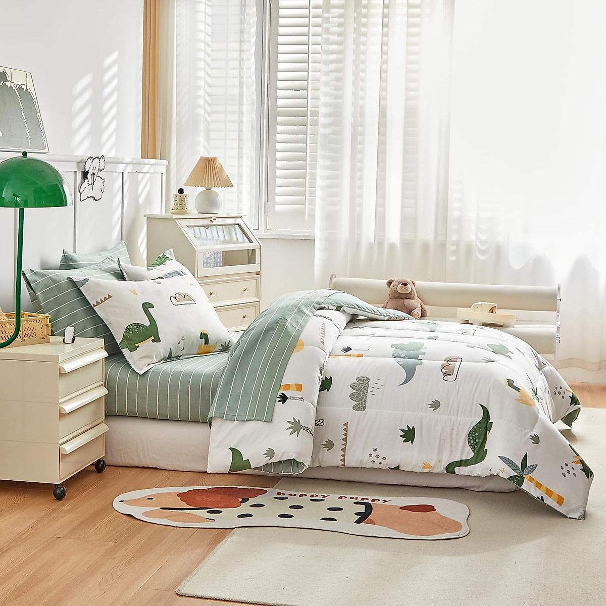 Joyreap Bed in a Bag Cotton, Dinosaur Theme Fresh Green, Twin Size 6-Piece Cotton Bedding Comforter Set for Kids Boys n Girls- 1 Comforter, 2 Pillow Shams, 1 Flat Sheet, 1 Fitted Sheet, 1 Pillowcase