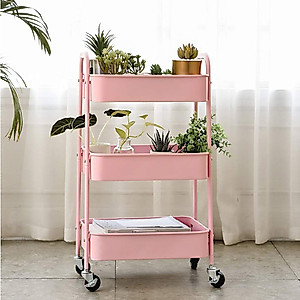 MTYLX Trolley,Cart,Household Multi-Layer Trolleys,Cart Family Restaurant 3 Layers Plus Thick Side Handles Design 360 Degrees Swivel Castors Easy to Clean, 3 Colors,Pink,40X28X74Cm