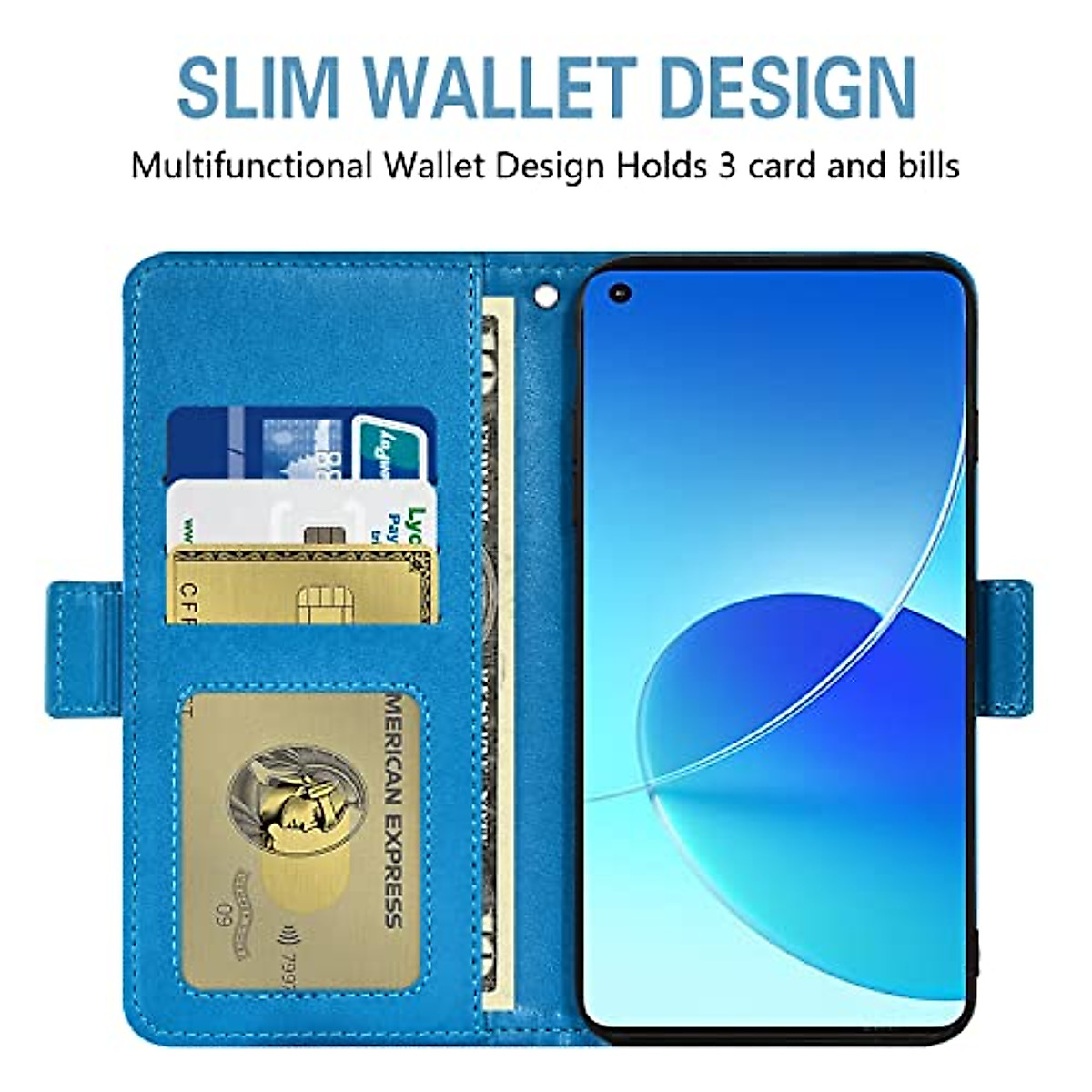 Asuwish Compatible with Oppo Reno 6 5G Wallet Case and Tempered Glass Screen Protector Flip Purse Accessories Wrist Strap Credit Card Holder Stand Cell Phone Cover for Reno6 2021 Women Men Blue