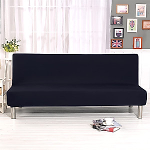 Stretch Futon Cover Armless Sofa Slipcover Foldable Sofa Bed Covers with Elastic Bottom, Machine Washable (Black)