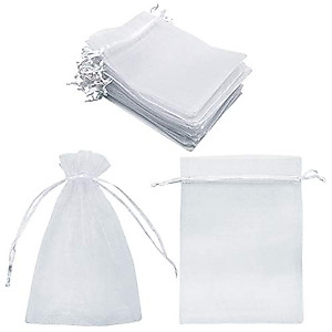 HRX Package White Organza Gift Bags 5x7 inch 100pcs, Mesh Jewelry Pouches Drawstring Bags Empty Sachet for Christmas Candy Present Wedding Giveaways