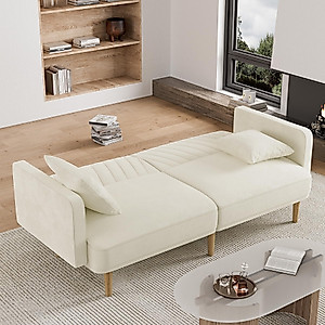 OUYESSIR Futon Sofa Bed, 75.3", Couch, Small Sofa, Sleeper Sofa, Loveseat, Mid Century Modern Velvet Futon Couch with 2 Pillows for Living Room (Beige White Velvet, Futon)