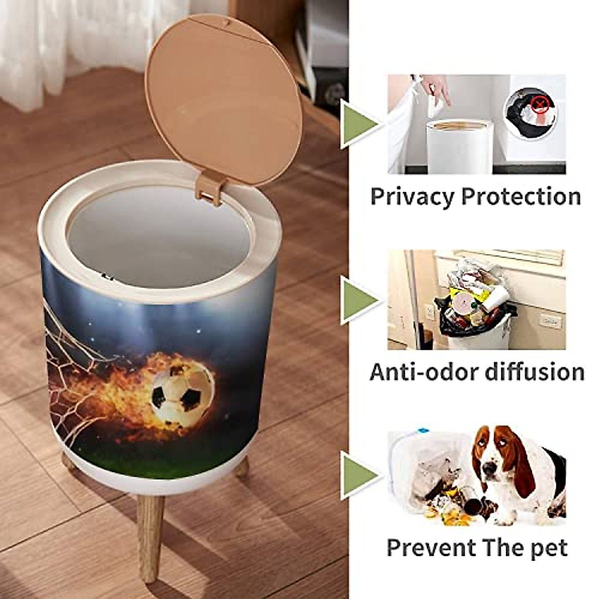 IBPNKFAZ89 Small Trash Can with Lid Fiery Soccer Ball in Goal with Net in Flames Garbage Bin Wood Waste Bin Press Cover Round Wastebasket for Bathroom Bedroom Office Kitchen
