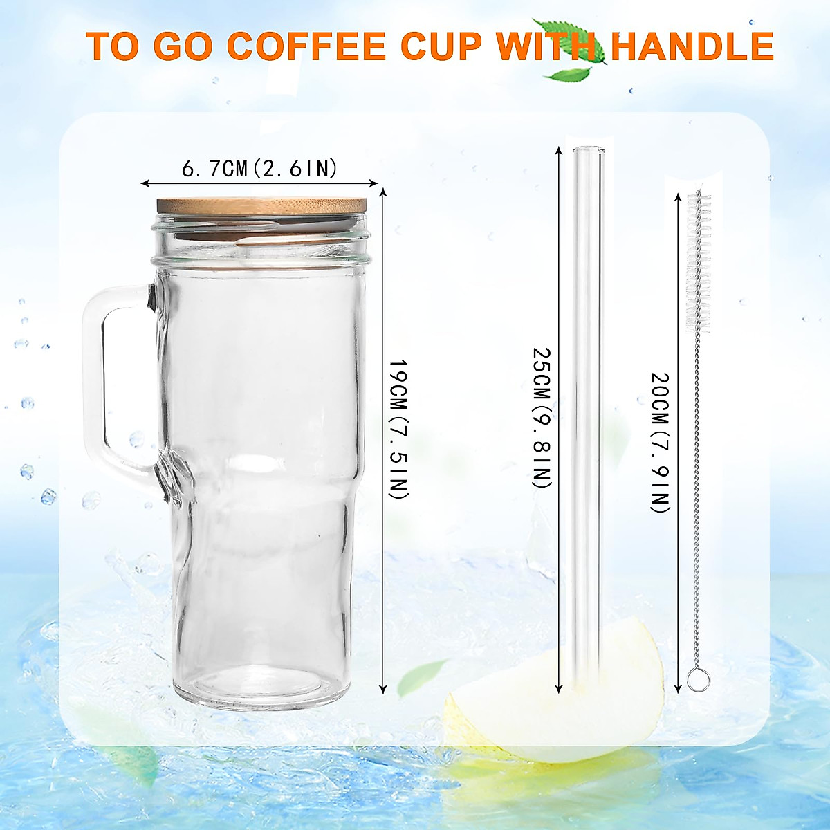 ONEHAUS Glass Cups with Lids and Straws 2 Packs - 24oz Glass Tumbler with Handle, Mason Jar with Lid and Straw -Wide Mouth Reusable Drinking Glasses, Smoothie Tumbler Iced Coffee Cup Travel Mug