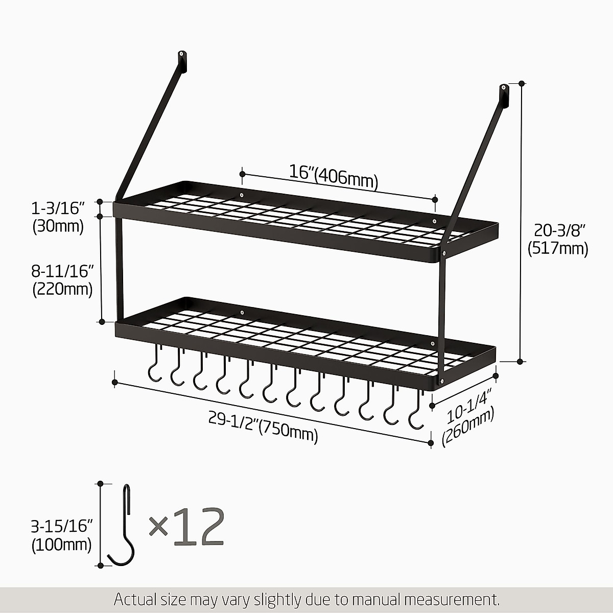 KES 30-Inch Pot Rack 2 Tier Pan Rack for Kitchen Wall Mounted Pot Organizer with 12 S-Hooks Heavy-Duty Matte Black, KUR218S75B-BK