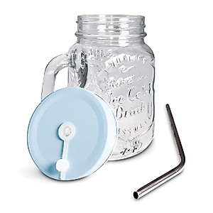 Home Suave Mason Jar Mugs with Handle, Regular Mouth Colorful Lids with 2 Reusable Stainless Steel Straw, Set of 2 (Light Blue), Kitchen GLASS 16 oz Jars,Refreshing Ice Cold Drink & Dishwasher Safe