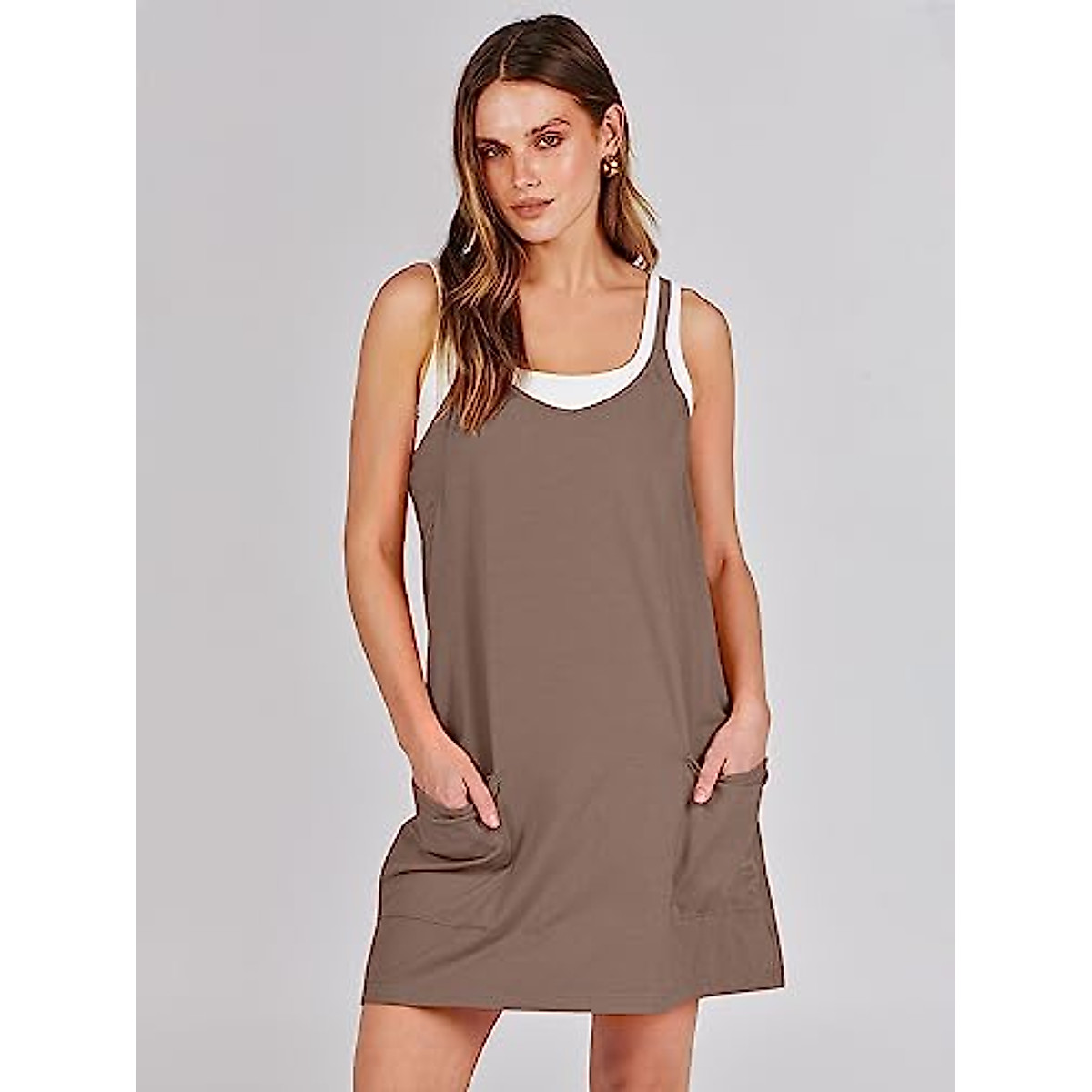 Caracilia Workout Dresses for Women 2023 Summer Casual Sleeveless Athletic Outfits Tennis Golf Sports Short Mini Dress with Built in Shapewear C112A5-qianka-L Coffee