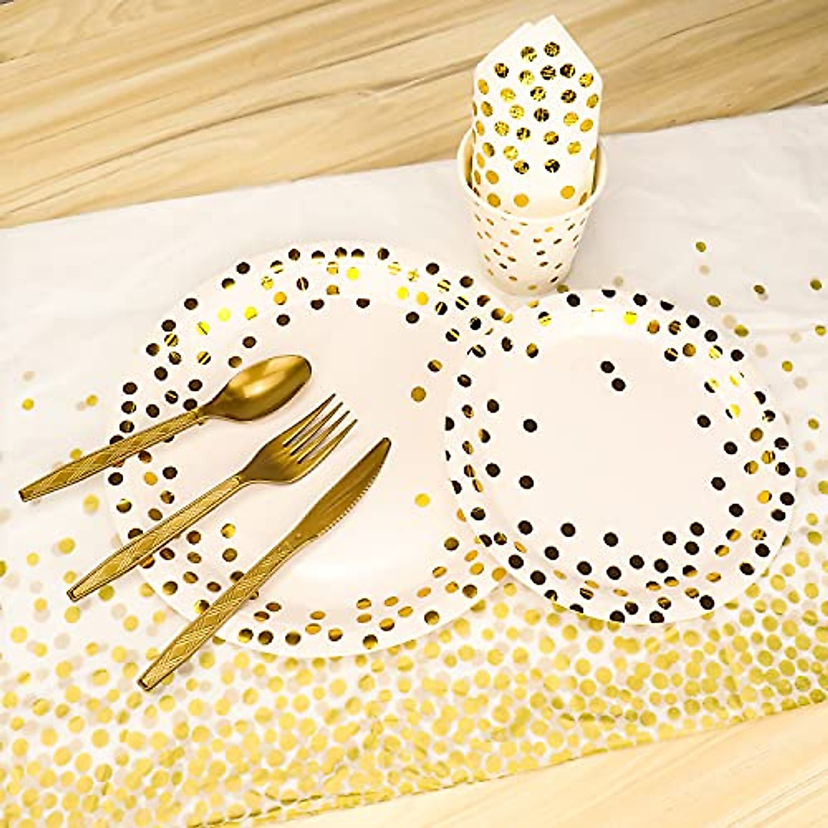 176 Pieces Gold Disposable Party Dinnerware Set &Golden Dot Disposable Party Dinnerware - Black Paper Plates Napkins Cups, Gold Plastic Forks Knives Spoons