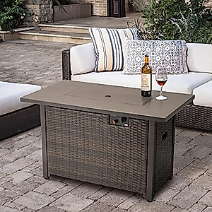 42 Inch Outdoor Propane Gas Fire Pit Table, 50,000 BTU Auto-Ignition Gas Firepit with Glass Wind Guard, Alloy Wood Grain Tabletop by HANLIKO-Brown