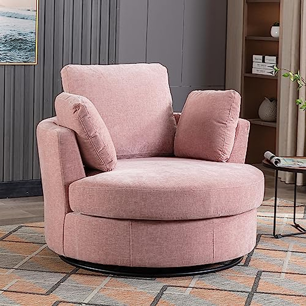 360° Swivel Accent Barrel Chair with 3 Pillows Furniture Set,Upholstered Oversized Leisure Round Loveseat Recliner Cozy Club Sofa Chaise Lounge Circle Armchair for Living Room/Hotel/Nursery/Office