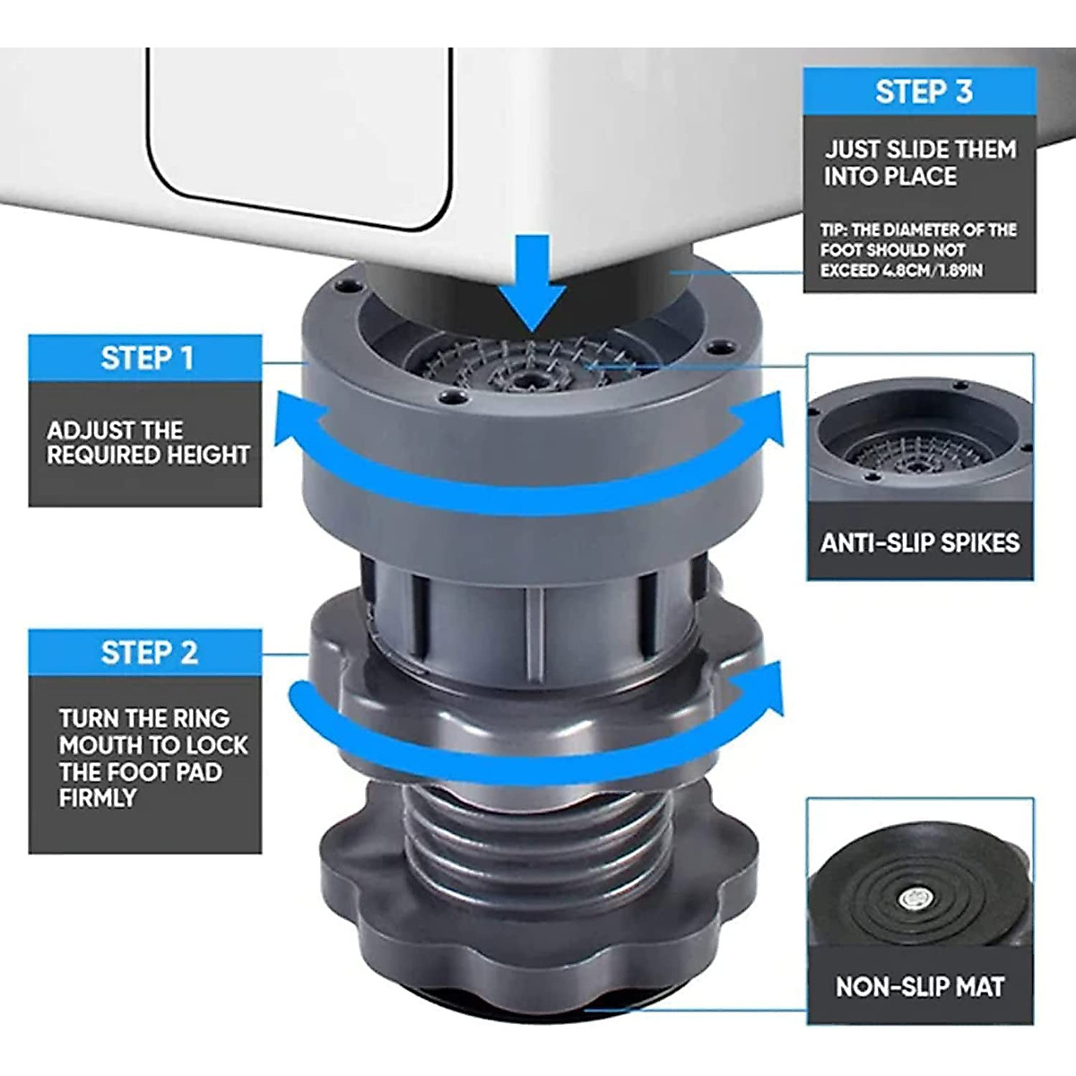 4 Pcs Adjustable Height Washing Machine Support,Shock and Noise Cancelling Washing Machine Support Pads for All Washing Machine Protects Laundry Room Floor