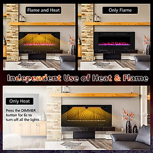 COSTWAY 42-Inch Wide Electric Fireplace, 3.19-Inch Deep Ultra-Thin Wall-Mounted and Recessed Fireplace Heater, Decorative Crystal Included, 12 Flame Color, Remote Control and Smart APP Control, 1500W