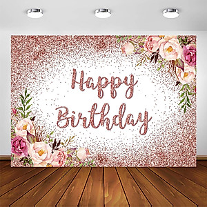 Avezano Rose Gold Birthday Backdrop for Girls Women Happy Birthday Party Photography Background Blush Pink Floral Rose Gold Glitters Confetti Bday Decoration Photoshoot Banner (7x5ft)