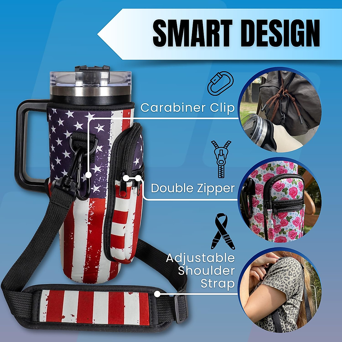 BUTSYCOL Water Bottle Bag with Strap, Stanley 40 oz Tumbler with Handle Accessories, Stanley Holder with Strap and Pouch Sleeve for Gym, Stanley Cup Accessories 40 oz (Pink)