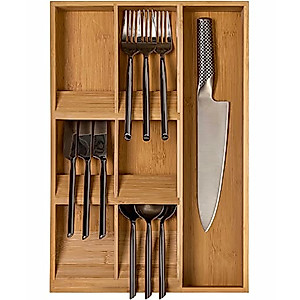 Compact Luxury Bamboo Silverware Organizer - 17" x 11.25" Bamboo Utensil Organizer for Silverware and Utensils - Compact Cutlery Organizer fits most Kitchen Drawers - Narrow Utensil Drawer Organizer