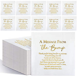 Colarr 100 Pcs Small Baby Shower Napkins 3 Ply Cocktail Napkins for Baby Shower 5 x 5 Inch A Message from the Bump Disposable Gender Reveal Napkins with Gold Foil for Baby Welcome Party(White)