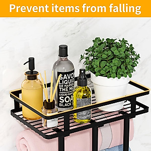 GAGUIUP Towel Racks for Bathroom, Wall Mounted Towel Rack with Metal Shelf & 4 Hanging Hooks, Towel Shelf Towel Storage for Small Bathroom, Can Hold 3 Large Size Rolled Towel Holder Organizer, Black