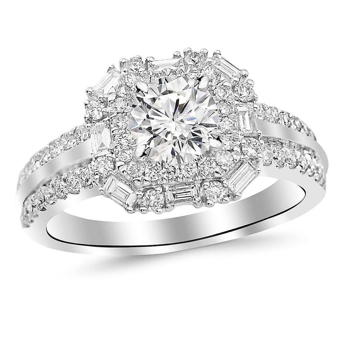1.75 Ctw Radiant Cut Double Row Baguette and Round Halo 14K White Gold Diamond Engagement Ring (H-I Color I1-I2 Clarity 1 Ct Center)