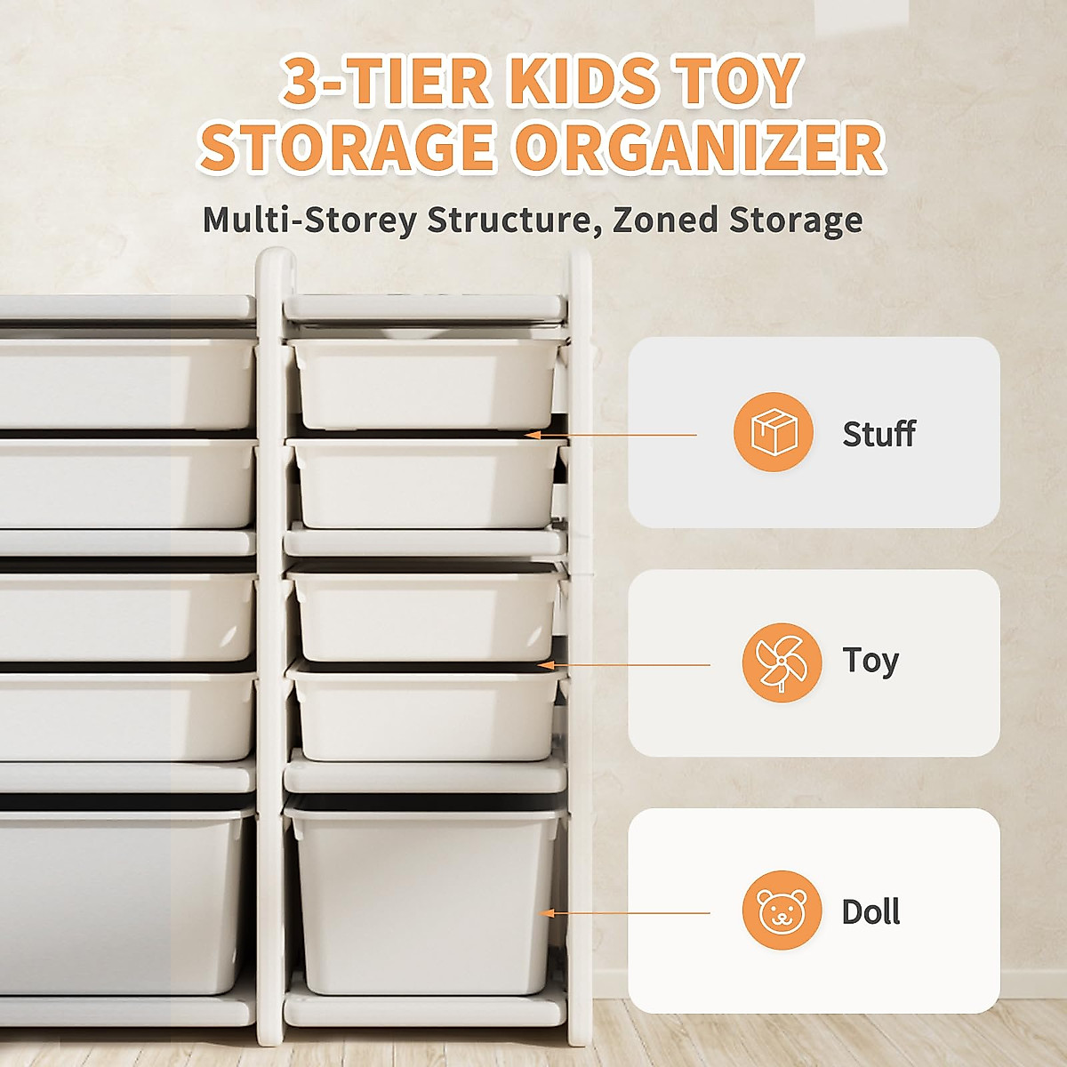 Kids Toy Storage Organizer 10 Removable Toy Bins 3 Cabinets, Multi-Purpose Toy Organizers and Storage, Enclosed Cabinets, Pull-Out Drawers, Kids Toy Storage for Playroom, Nursery, Bedroom (3-Layers)