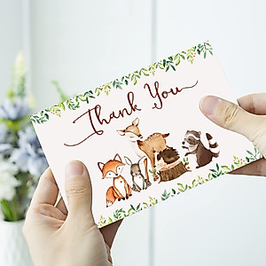 Hunanyume 50 Woodland Thank You Cards, 4×6 in Assorted Woodland Creatures Thank You Note Cards with Envelopes & Stickers, Bulk Cute Forest Animals Cards for Baby Shower and Kids Birthday