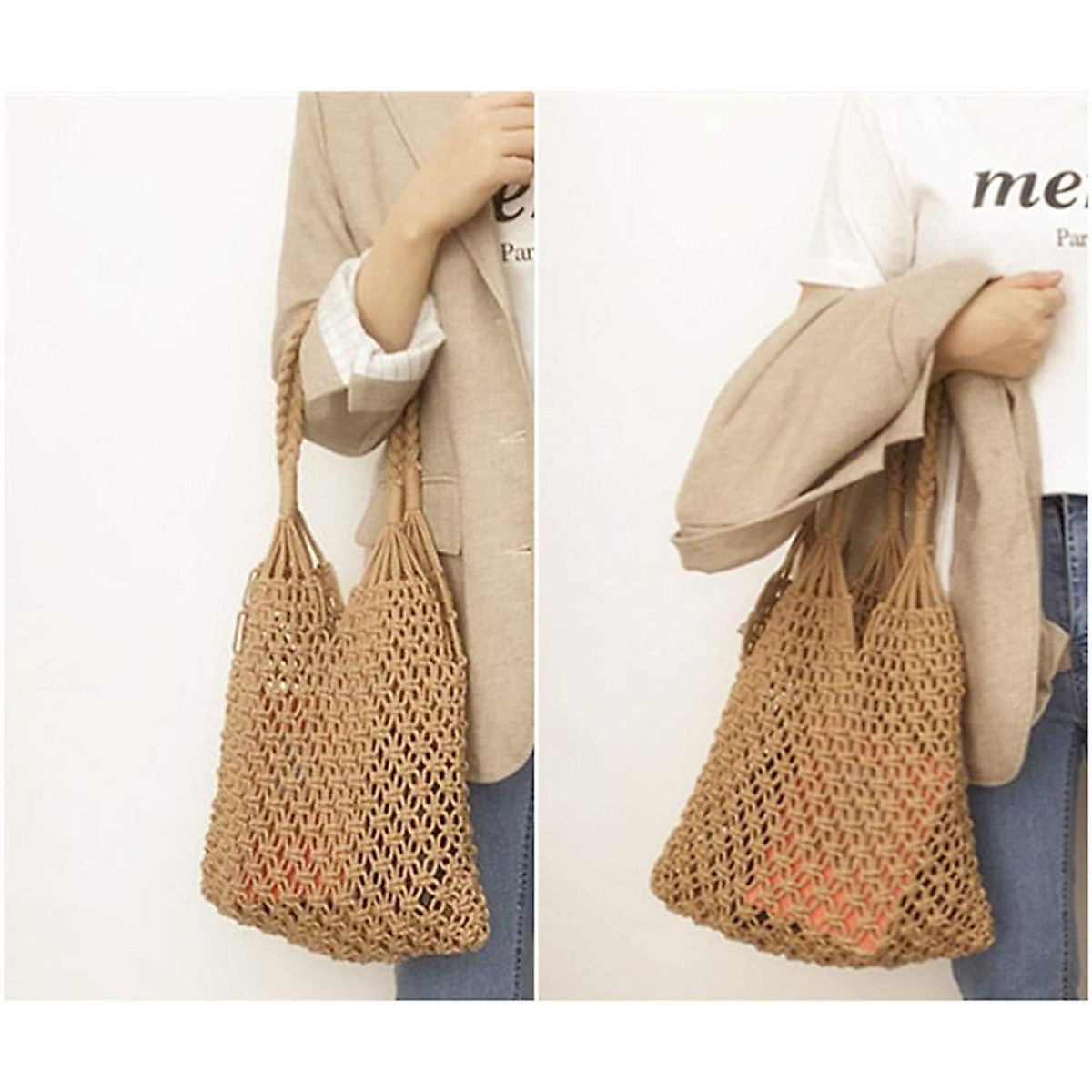 Hixixi Cotton Rope Totes Travel Beach Fishing Net Handbag Shopping Woven Shoulder Bag for Women Girls (Khaki)